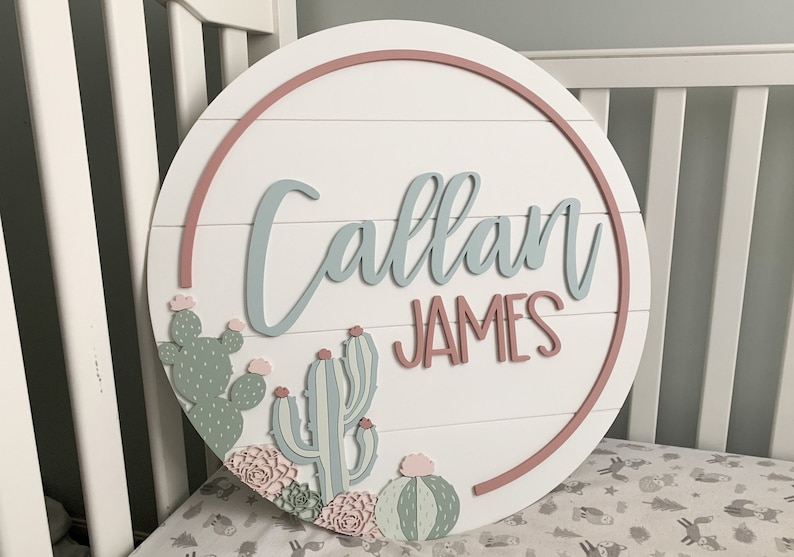 Round Name Sign Cactus and Succulent Shiplap Baby Name | Etsy