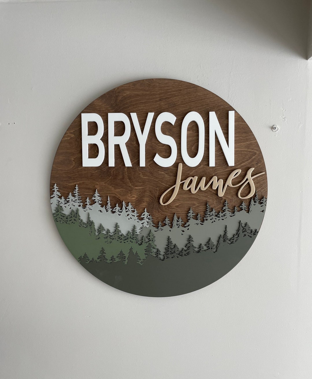 24" Forest Wooden Name Sign | 24" Round Treeline Sign | Nursery | Bear ...