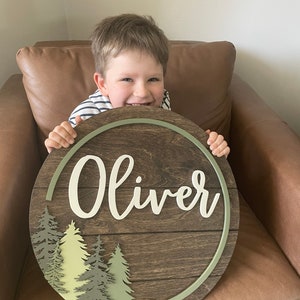 24 Forest Wood Name Sign 24 Round Sign Nursery Bear Woodland Baby ...