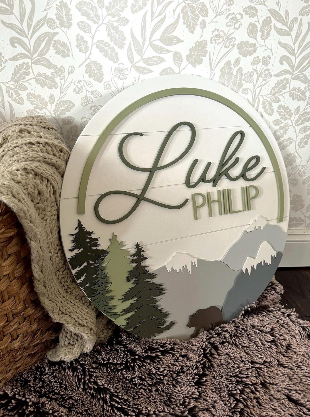 Forest Trees and Mountains Wooden Name Sign | Custom Baby Boy Round ...