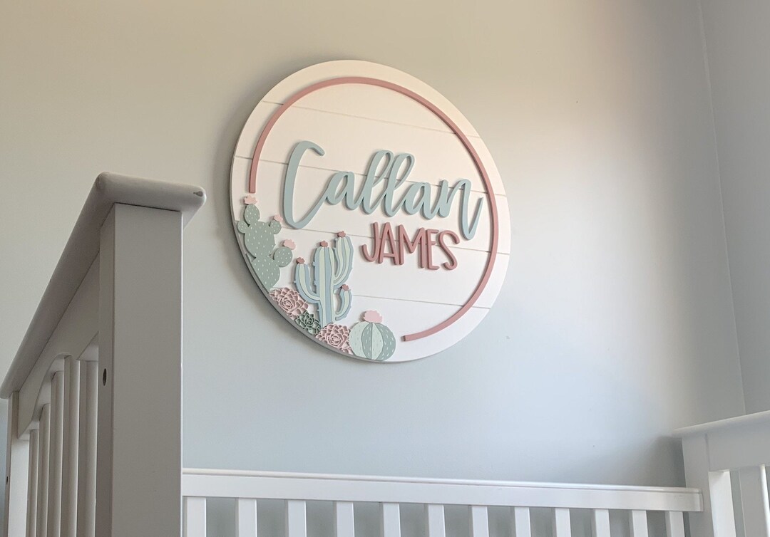 Round Name Sign Cactus and Succulent Shiplap Baby Name Sign for Nursery ...