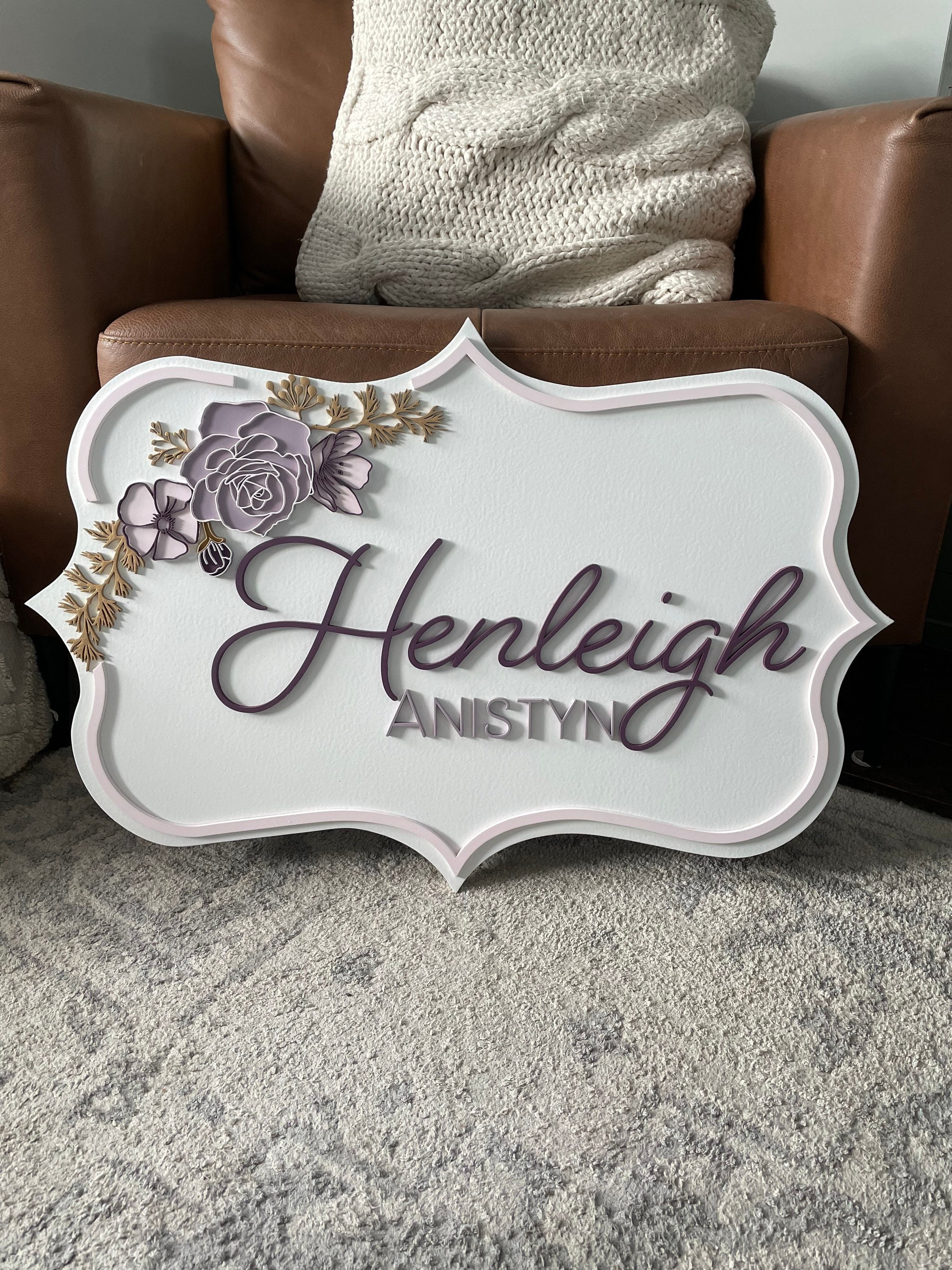 Floral Custom Name Sign: Wooden Nursery Decor Arabesque Shape 3D Raised ...
