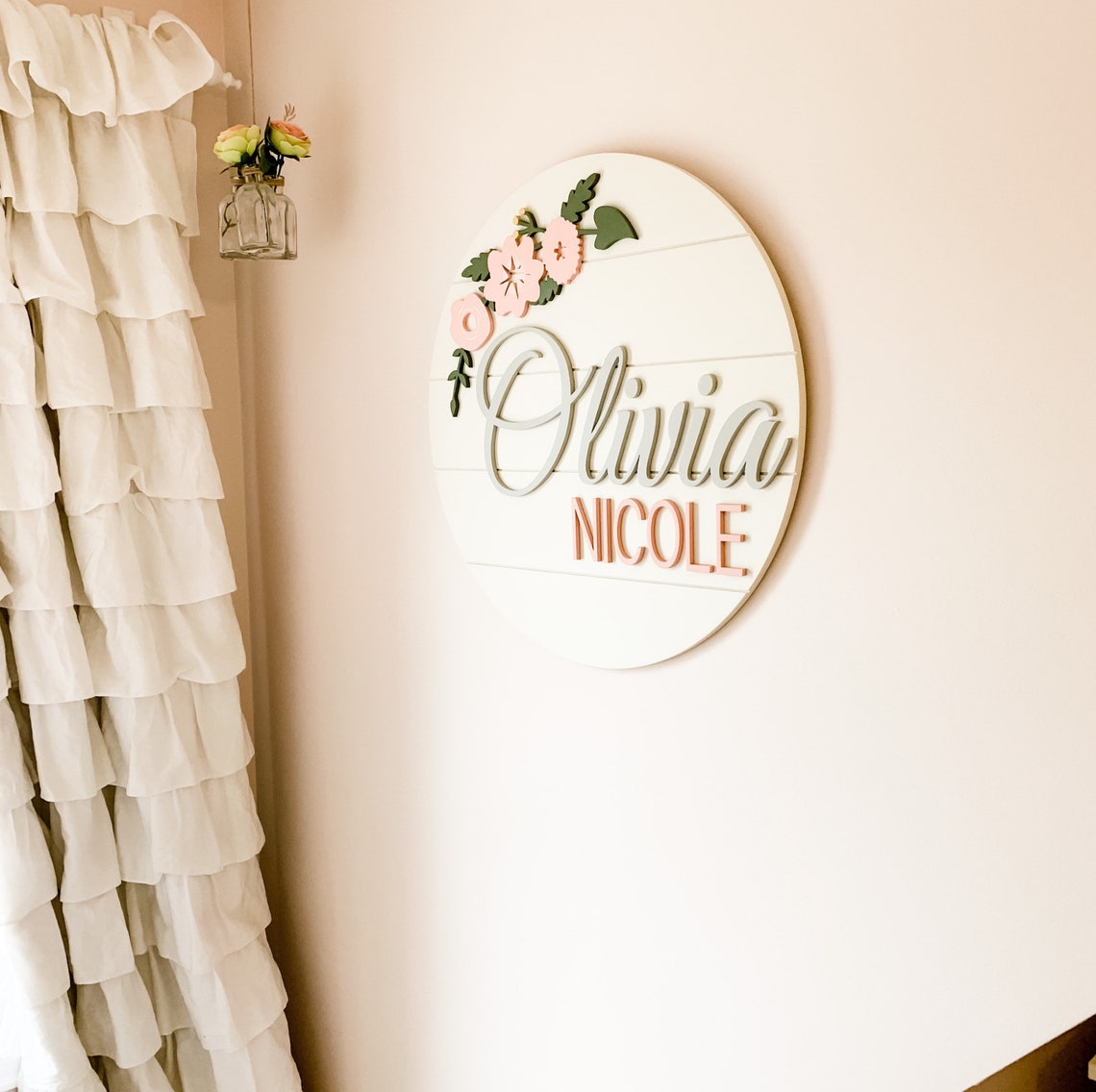 Custom Wooden Floral Name Sign Personalized Round Sign With - Etsy