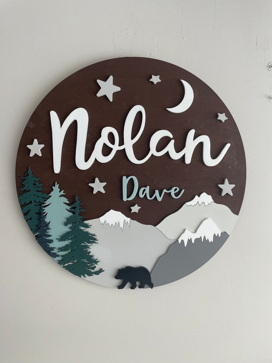Forest Mountain Wood Name Sign | 24" Round Sign | Nursery | Bear ...