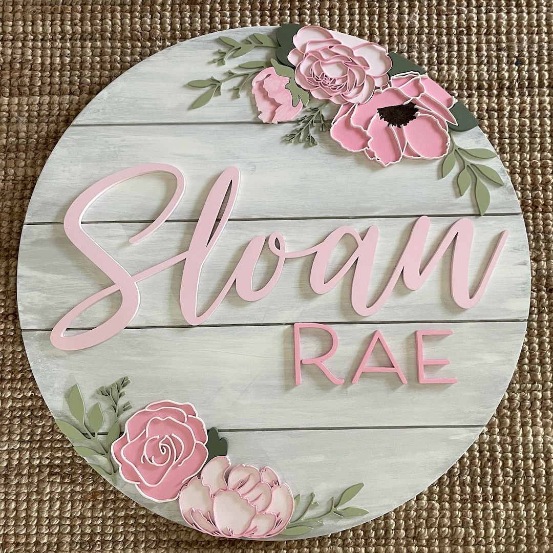Custom Wood Baby Name Sign | Round Sign | Floral | Shiplap | Peony ...