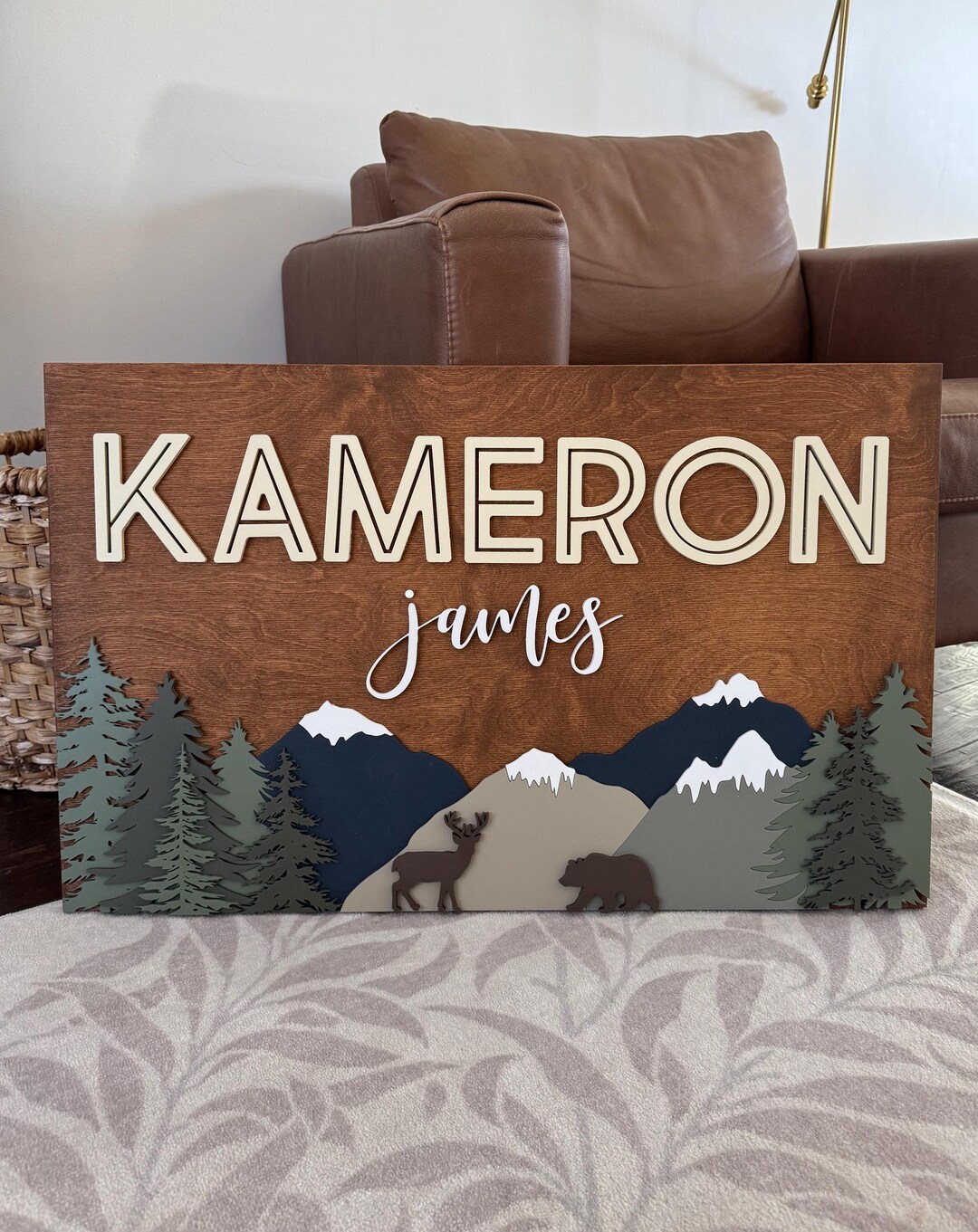 Rectangle Mountain Forest Wood Name Sign | 32x20 | Nursery | Bear Deer ...