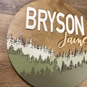 24" Forest Wooden Name Sign | 24" Round Treeline Sign | Nursery | Bear ...