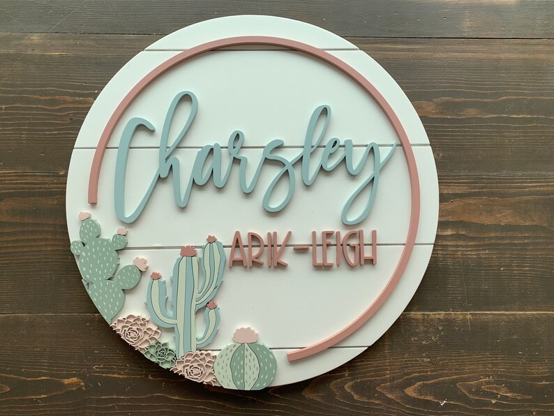 Round Name Sign Cactus and Succulent Shiplap Baby Name - Etsy