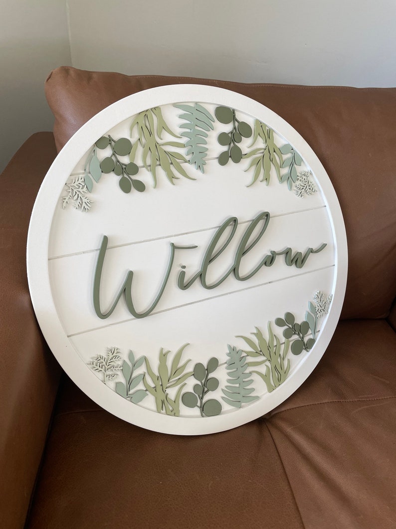 Botanical Custom Wood Name Sign With Greenery Round Sign | Etsy