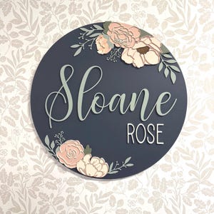 Custom Wood Baby Name Sign Round Sign Floral Shiplap Peony Nursery Wall ...