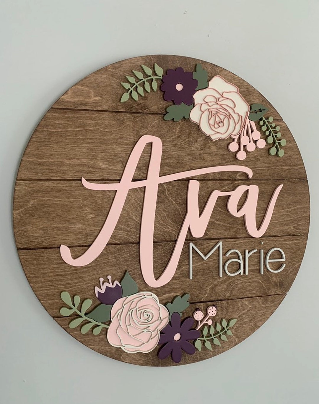 Personalized Wooden Baby Name Sign With Flowers | Round Sign | Floral ...