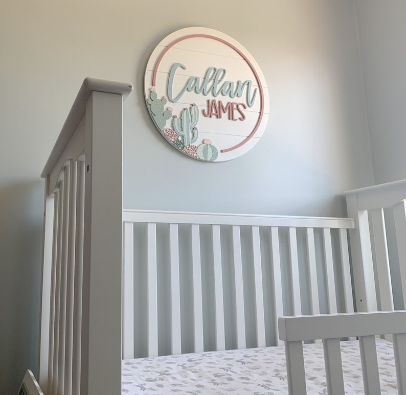 Round Name Sign Cactus and Succulent Shiplap Baby Name | Etsy