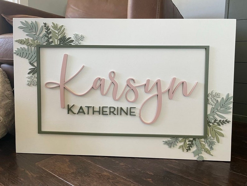 Botanical Custom Wood Name Sign With Greenery Rectangle Sign - Etsy