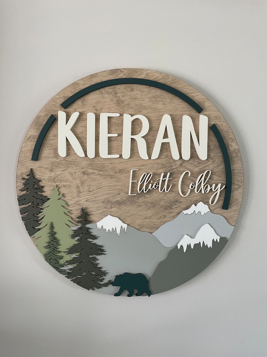 24 Forest Mountain Wood Name Sign 24 Round Sign Nursery Bear Woodland ...