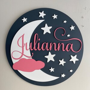Custom Moon and Star Wooden Name Sign | Round Board | Stars Cloud and ...