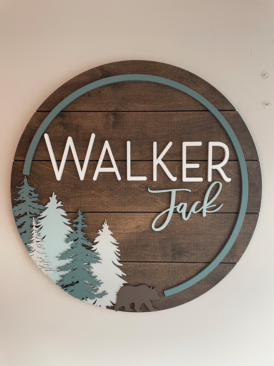 24 Forest Wood Name Sign 24 Round Sign Nursery Bear Woodland Baby ...