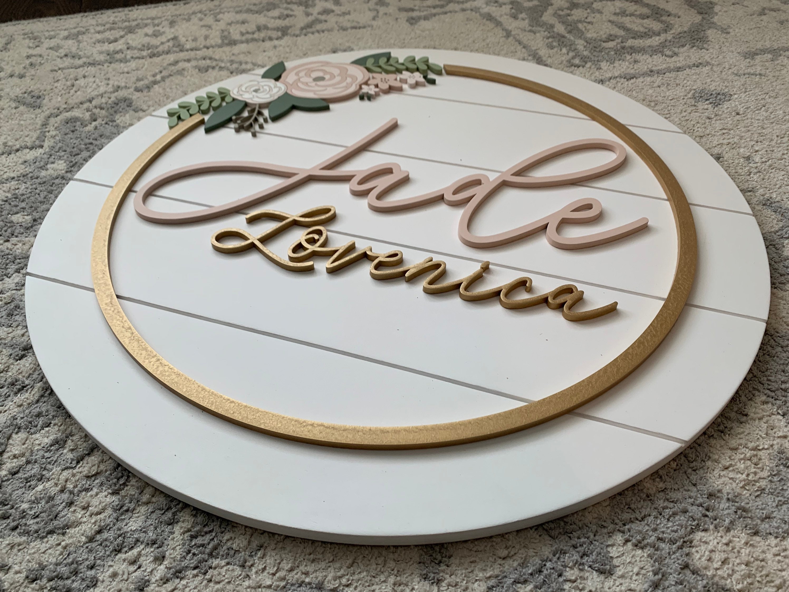 Round name sign floral shiplap baby name sign for nursery | Etsy