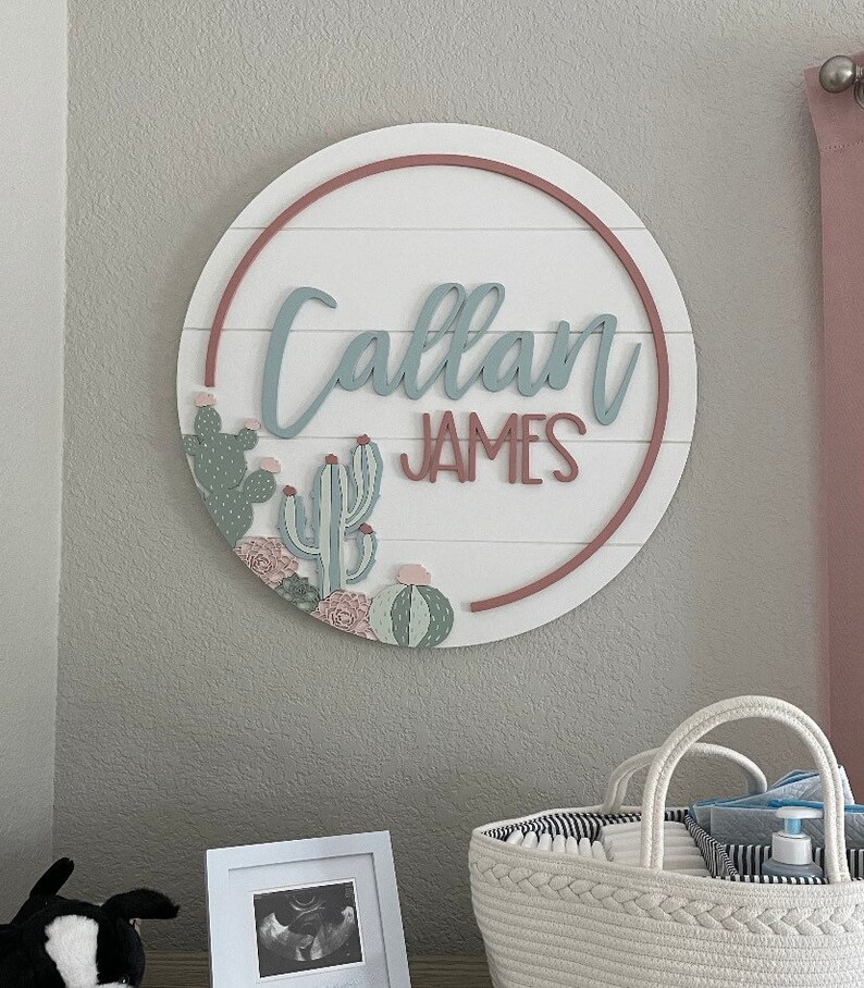 Round Name Sign Cactus and Succulent Shiplap Baby Name | Etsy
