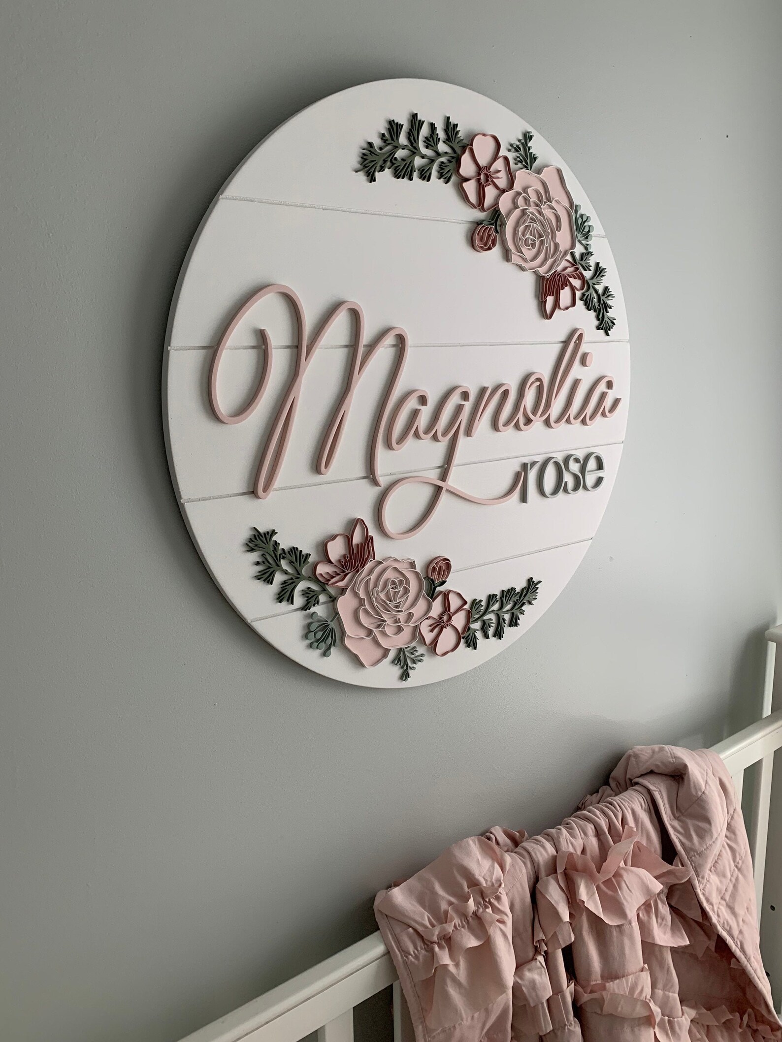 Personalized Floral Name Sign: Magnolia, Rose, Fern, Raised Lettering ...