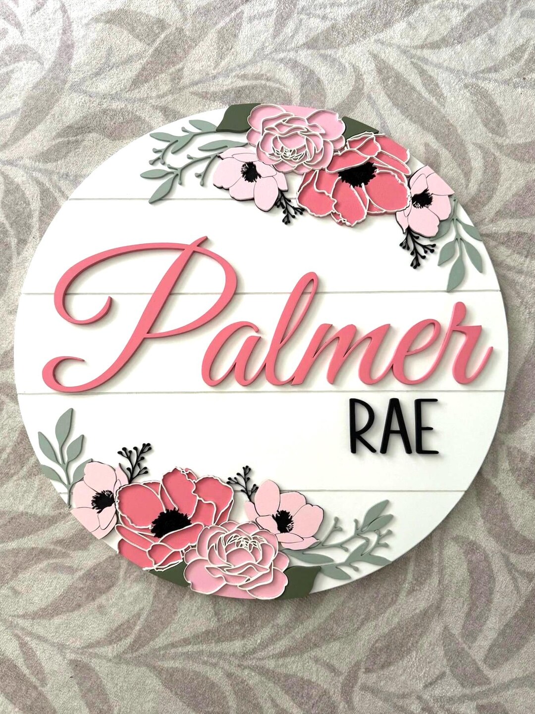 Flowery Wood Pink Baby Name Sign | Round Board | Pink and Black | Poppy ...
