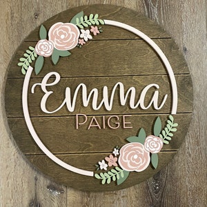 Round Name Sign | Floral Shiplap | Baby Name Sign for Nursery or Shower ...