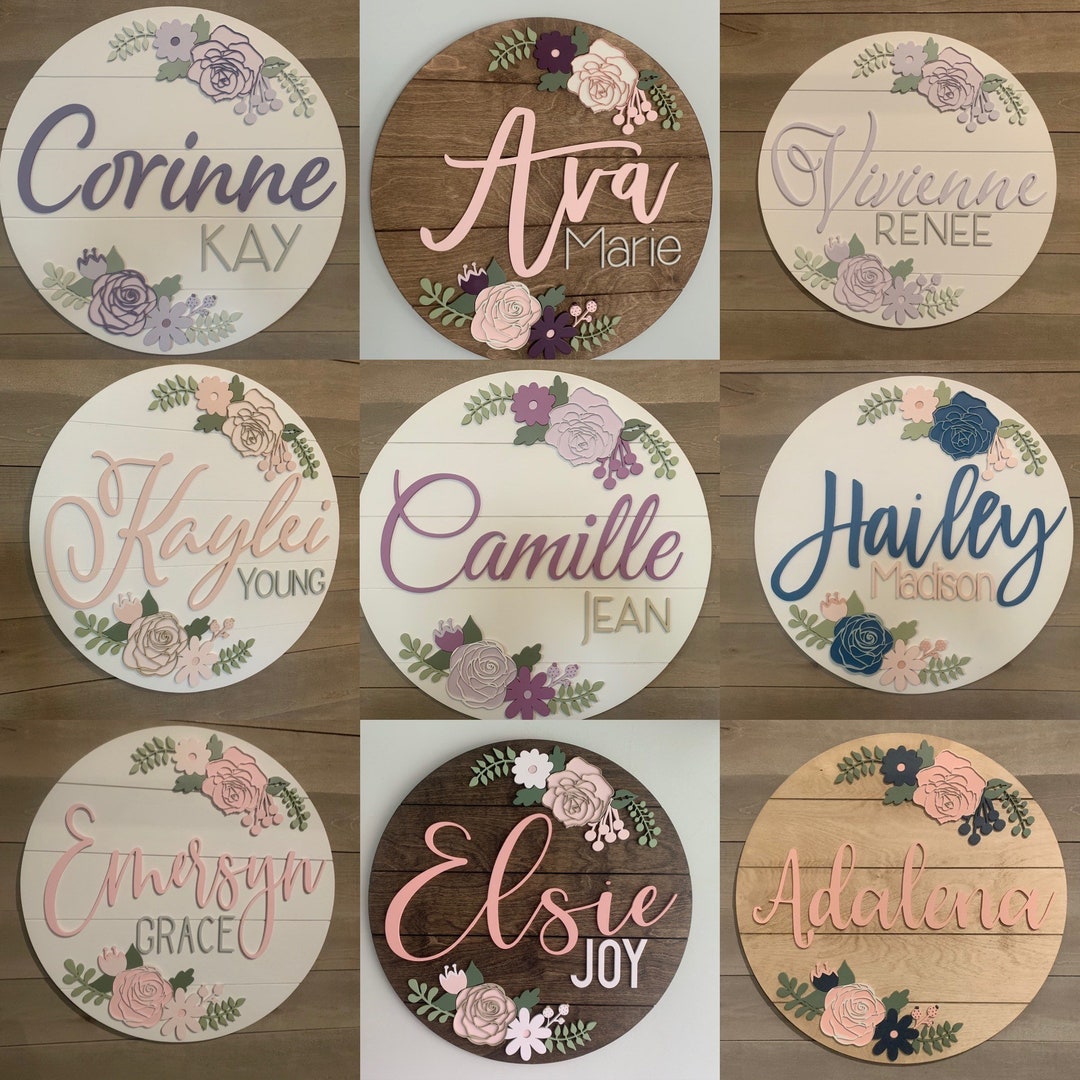 Custom Wooden Name Sign With Layered Flower Round Sign Floral Shiplap ...
