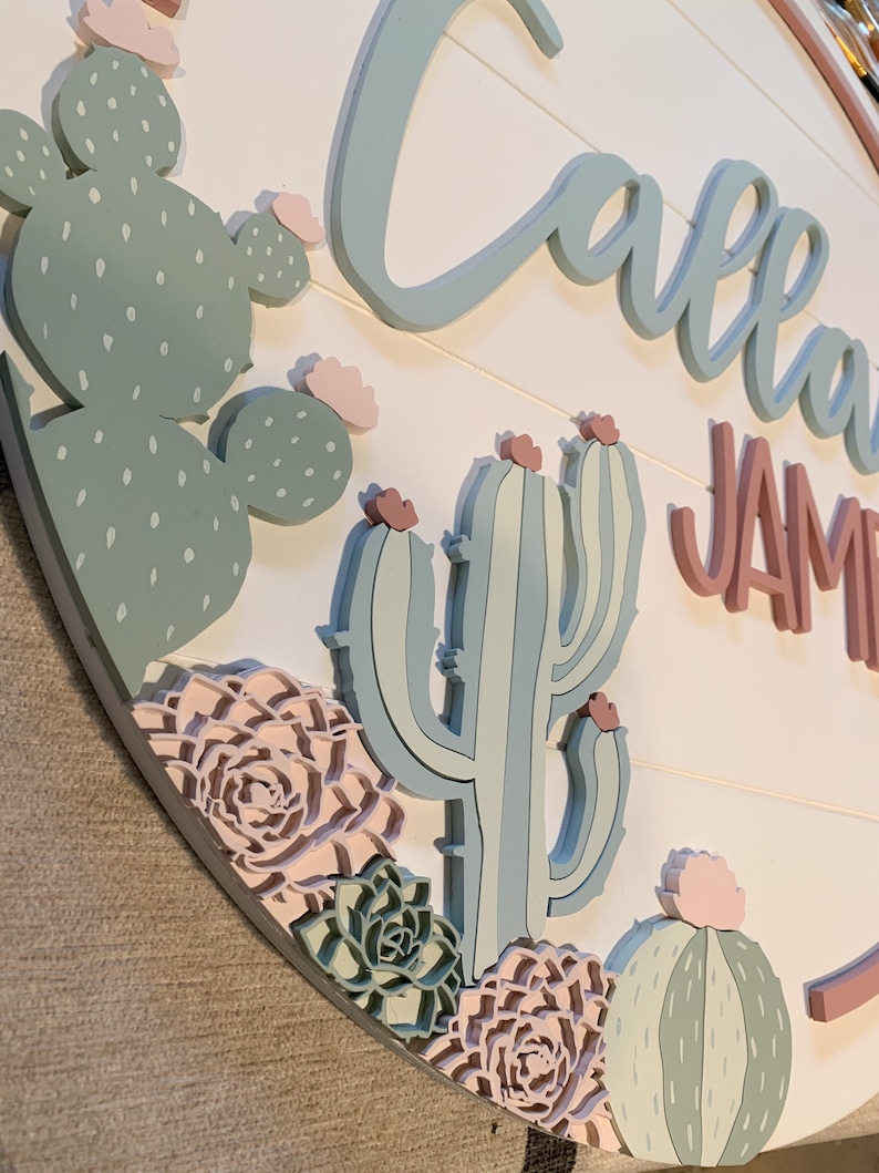 Round Name Sign Cactus and Succulent Shiplap Baby Name | Etsy