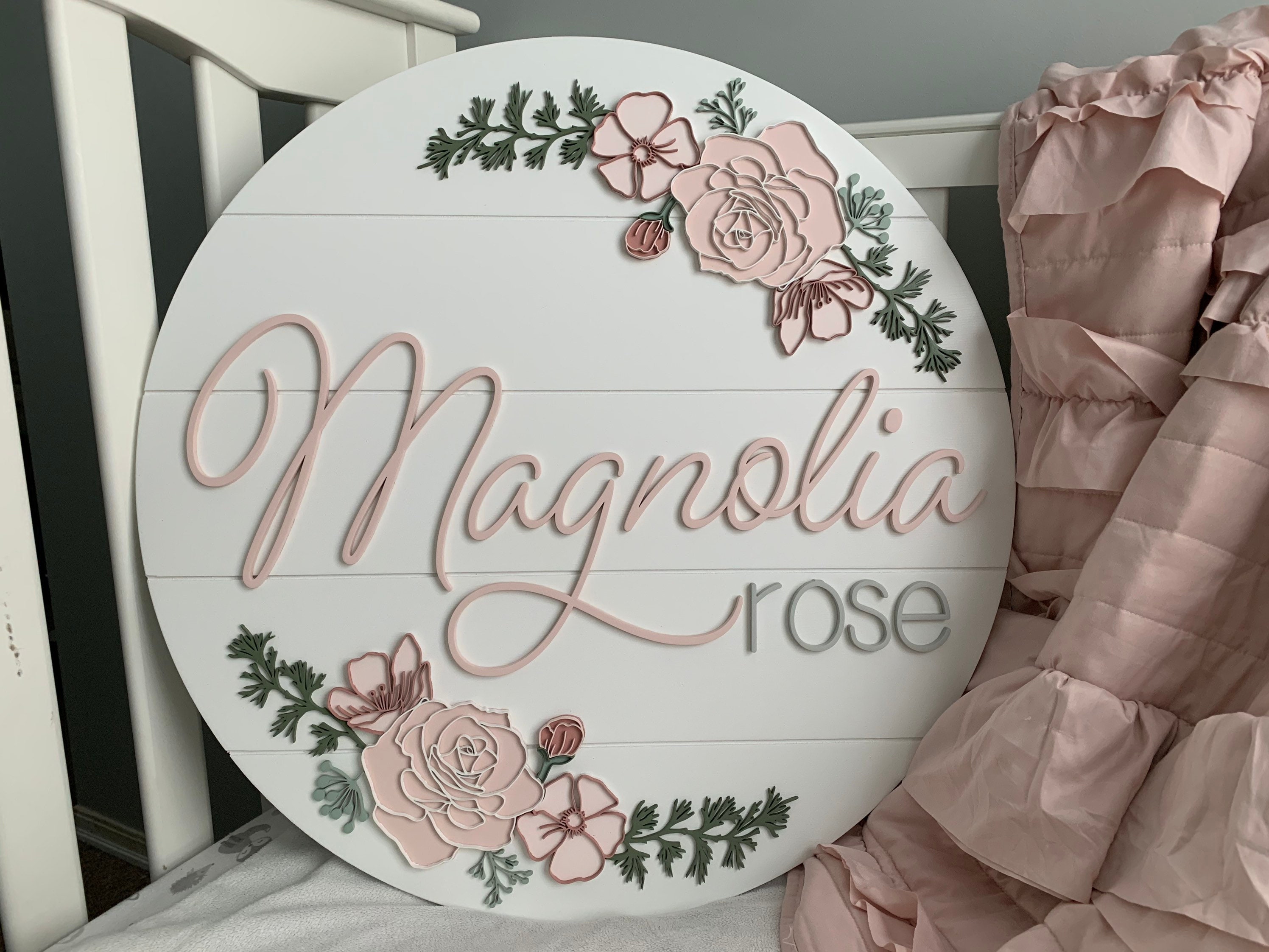 Personalized Floral Name Sign: Magnolia, Rose, Fern, Raised Lettering ...