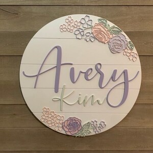 24"custom Wood Baby Name Sign | 24" Round Sign | Floral | Shiplap ...