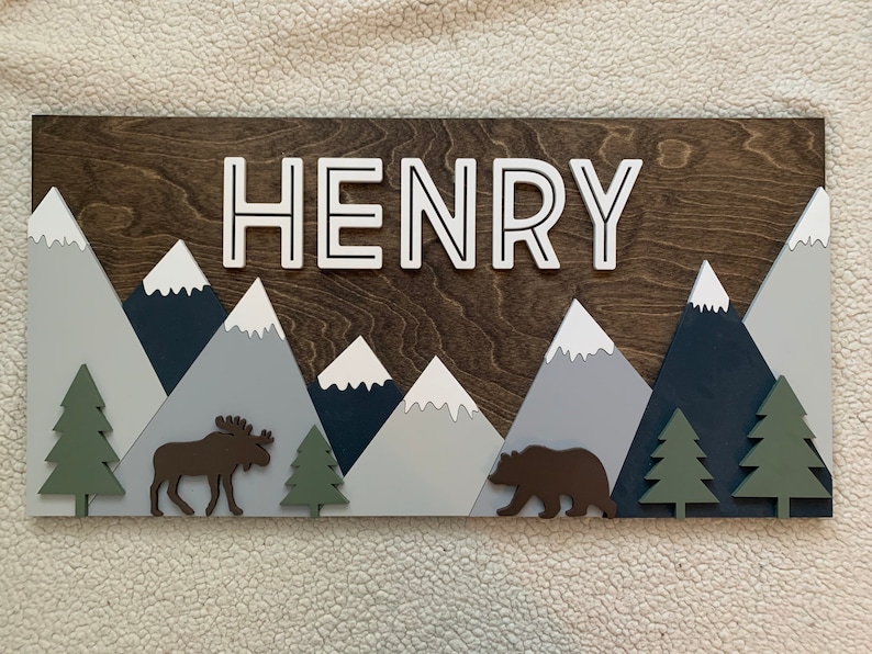 Mountain Wood Name Sign Rectangle Sign Nursery Bear | Etsy