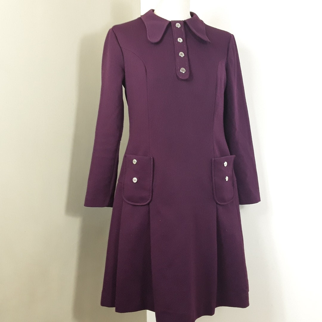 1970s Purple Crimplene Mod Dress. Long Round Collar. Trevira 2000. S/M ...