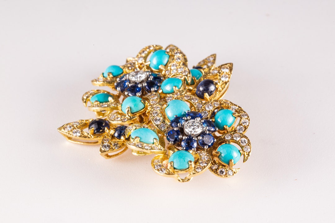 18K Yellow Gold Brooch With Turquoise Diamonds & Sapphires - Etsy