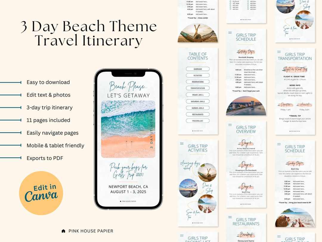 Beach Theme Travel Itinerary Template, 3 Day Weekend Planner, Editable ...