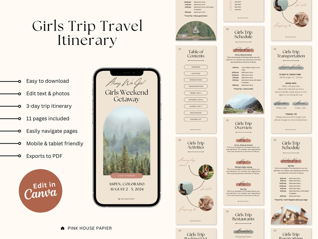 Girls Trip Itinerary Template, 3-day Weekend Planner (canva Editable ...