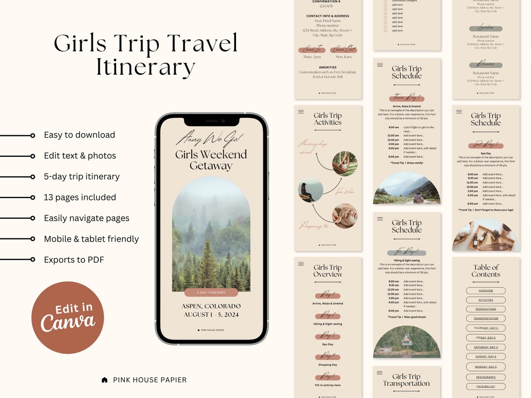Girls Trip Editable Travel Itinerary Template, 5 Day Weekend Planner ...