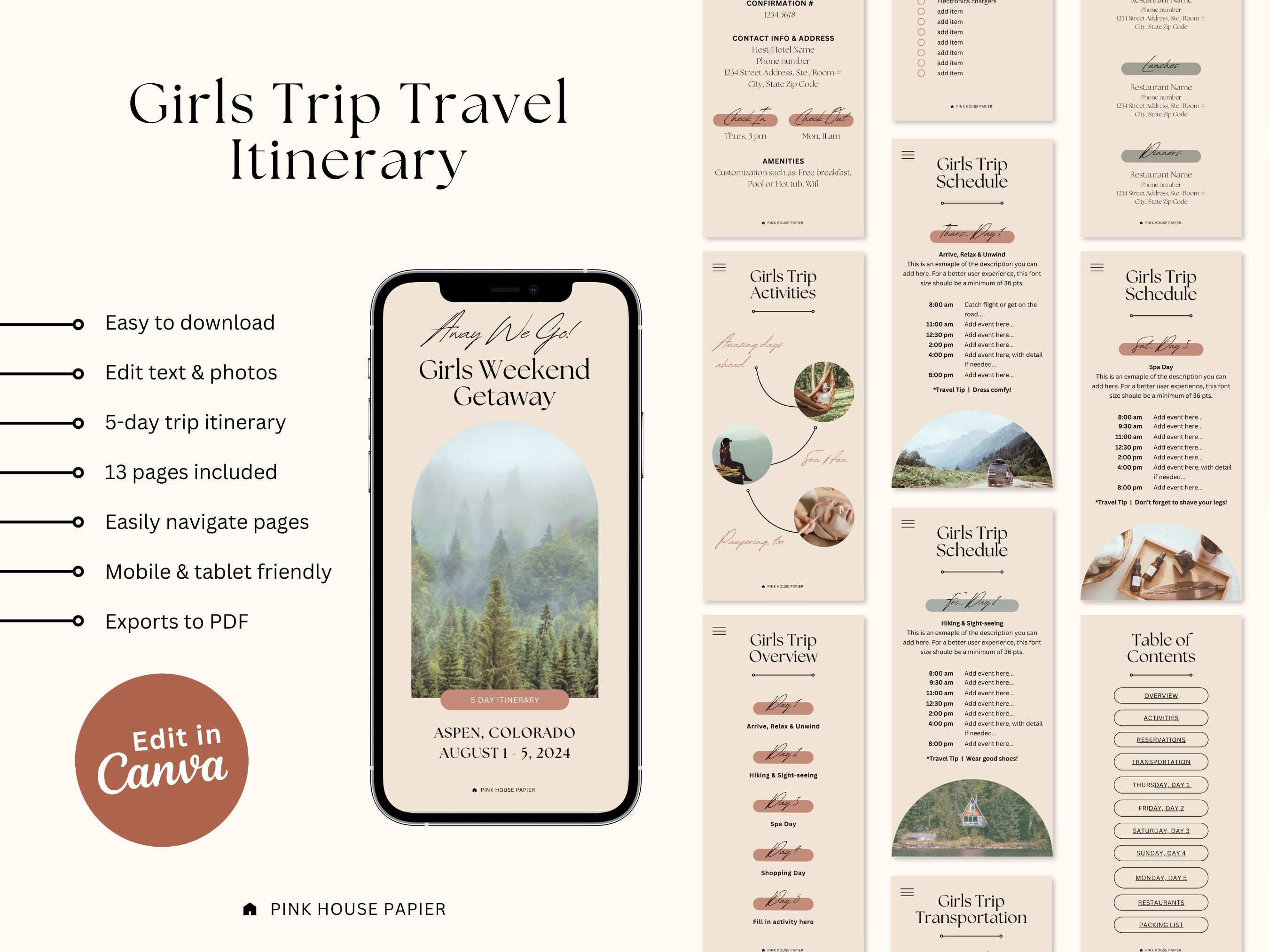 Girls Trip Editable Travel Itinerary Template, 5 Day Weekend Planner ...