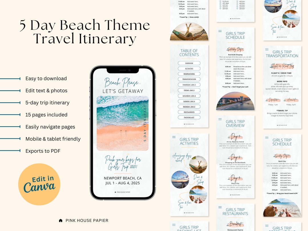 Beach Theme Travel Itinerary Template, 5 Day Weekend Planner, Editable ...