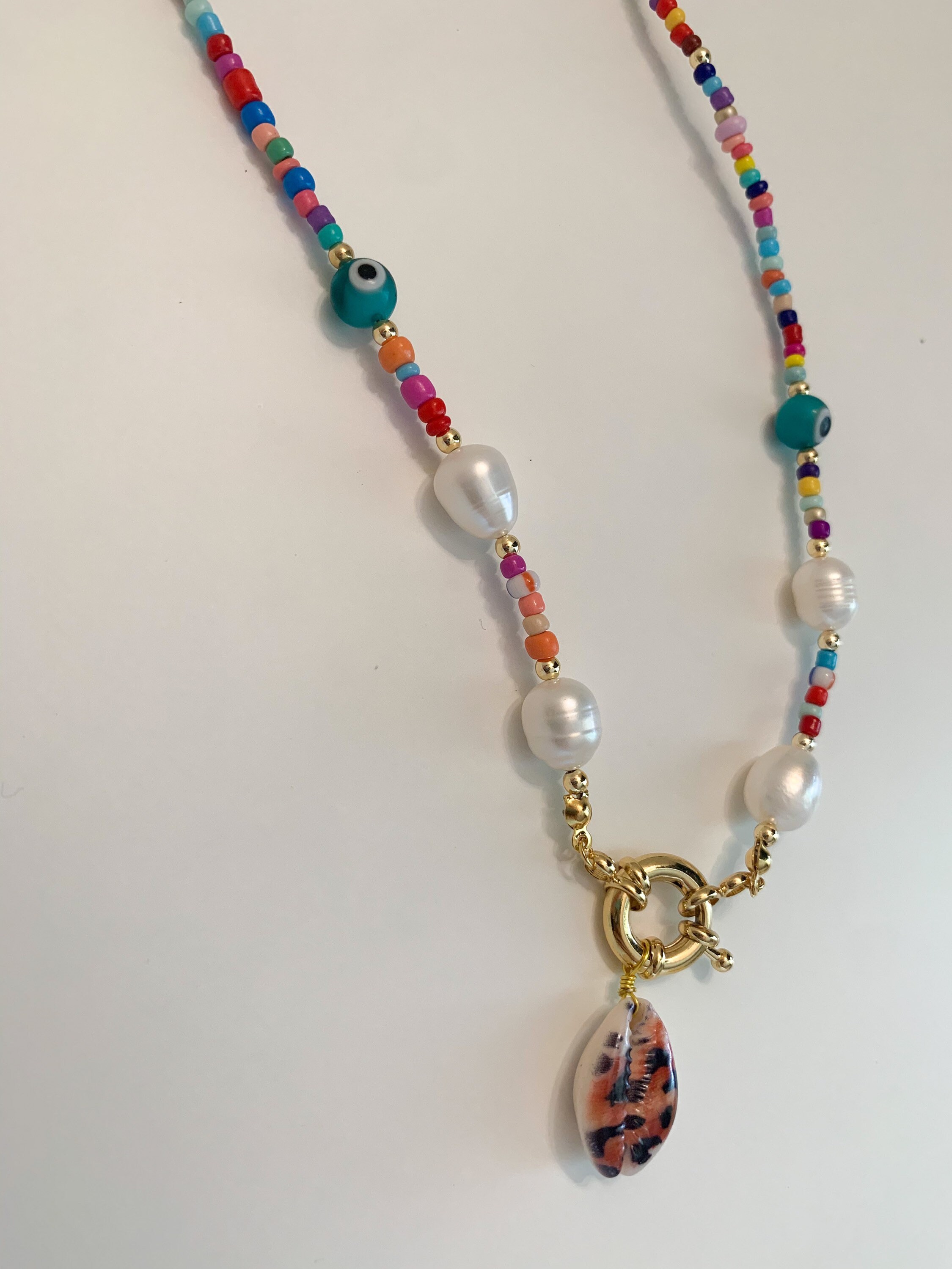 Evil Eye Necklace / Beaded Seashell Necklace / Summer - Etsy
