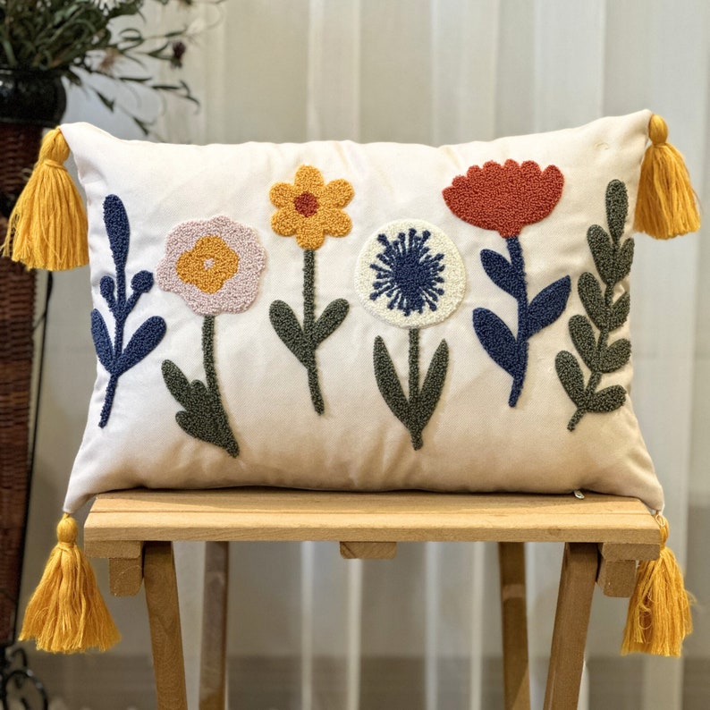 Floral Spring Punch Throw Pillow Cover, Punch Embroidered Needle Tufted ...