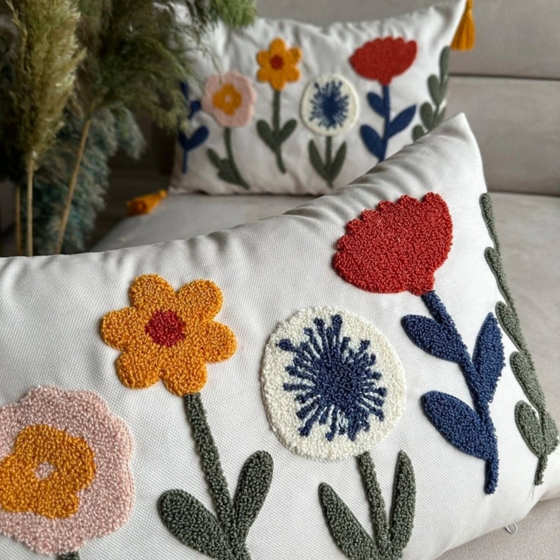 Floral Spring Punch Throw Pillow Cover, Punch Embroidered Needle Tufted ...