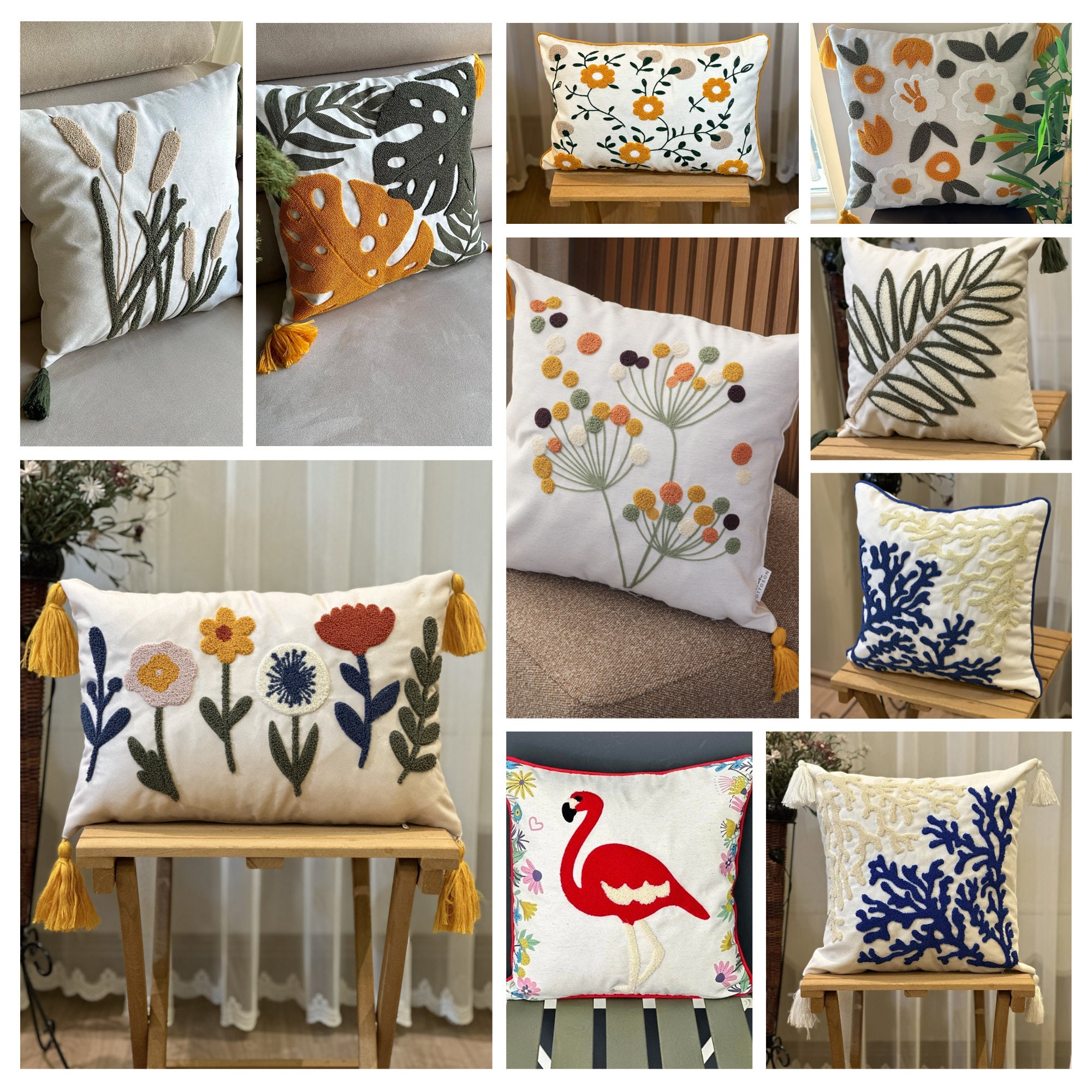 Floral Spring Punch Throw Pillow Cover, Punch Embroidered Needle Tufted ...