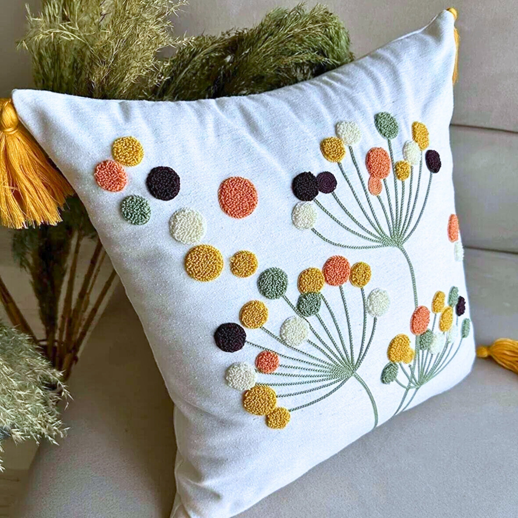 Set of 2 Colorful Embroidered Throw Pillow Cover, Punch Flower Design ...