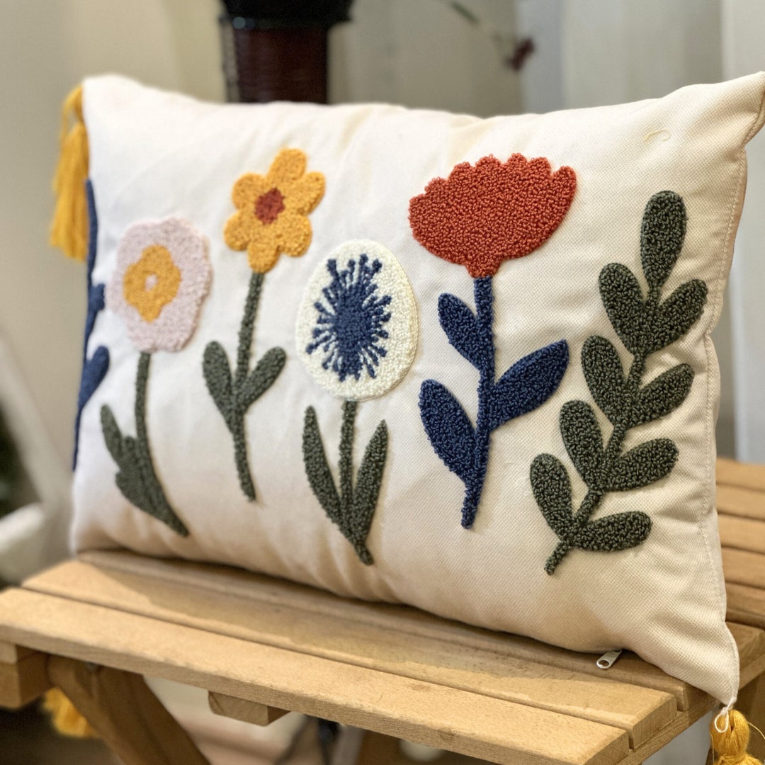 Floral Spring Punch Throw Pillow Cover, Punch Embroidered Needle Tufted ...