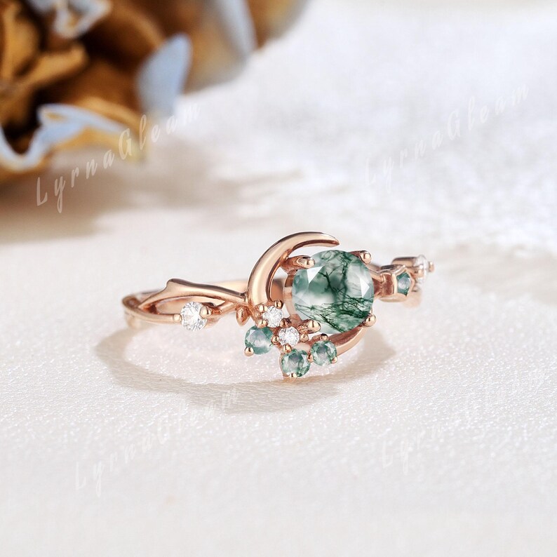 Unique Moss Agate Moon Engagement Ring Yellow Gold Cresent Moon Ring ...