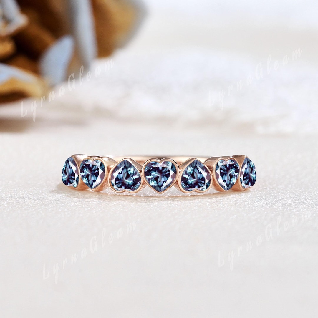 Unique Heart Cut Alexandrite Wedding Band Rose Gold Cluster Alexandrite ...
