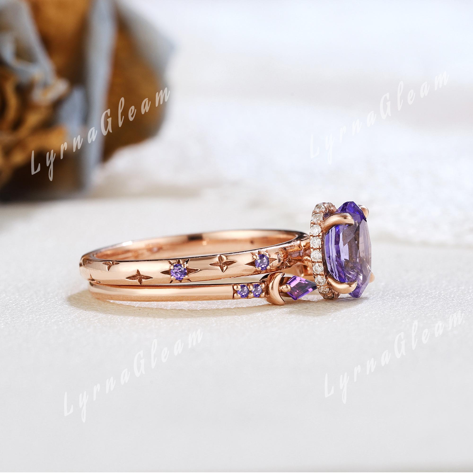 Oval Firework Cut Alexandrite Engagement Ring Set Rose Gold Celestial ...