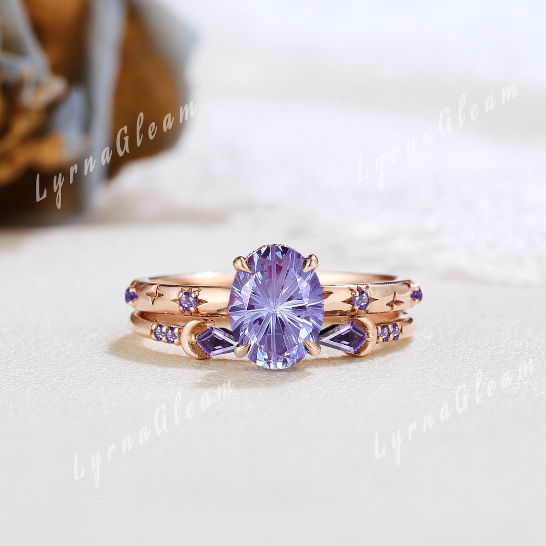 Oval Firework Cut Alexandrite Engagement Ring Set Rose Gold Celestial ...