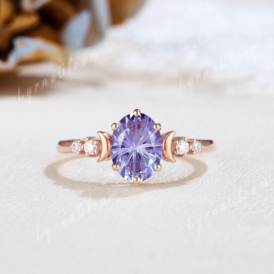 Oval Firework Cut Alexandrite Moon Engagement Ring Sterling Silver ...