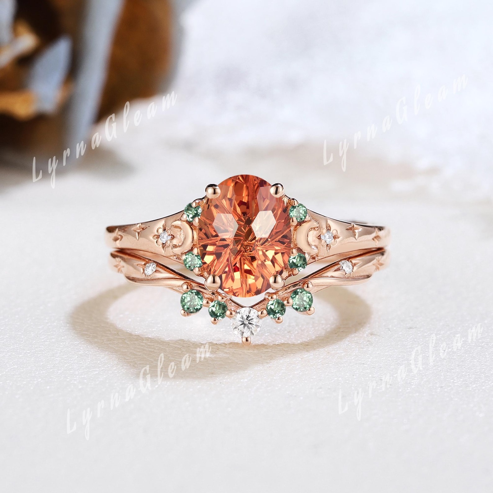 Unique Oval Firework Cut Orange Sapphire Engagement Ring Set Rose Gold ...