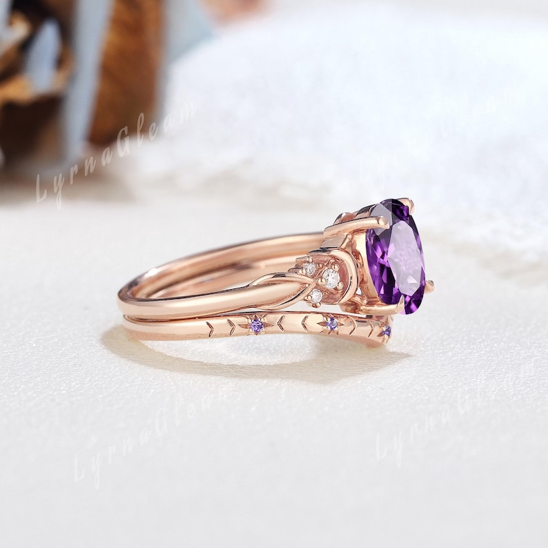 Oval Cut Amethyst Moon Engagement Ring Set Rose Gold Celestial Wedding ...